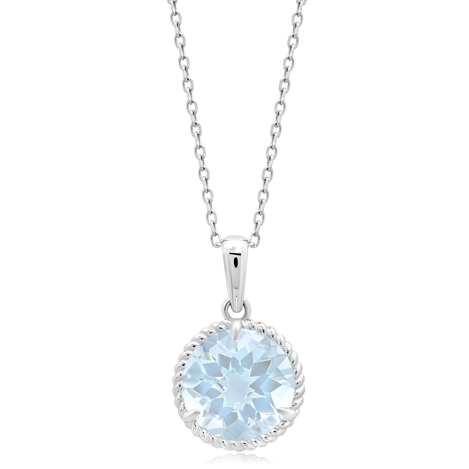 MAX + STONE 14k White Gold Roped Halo Aquamarine Round Pendant Necklace for Women 8mm Solitaire March Birthstone with 18 Inch Cable Chain