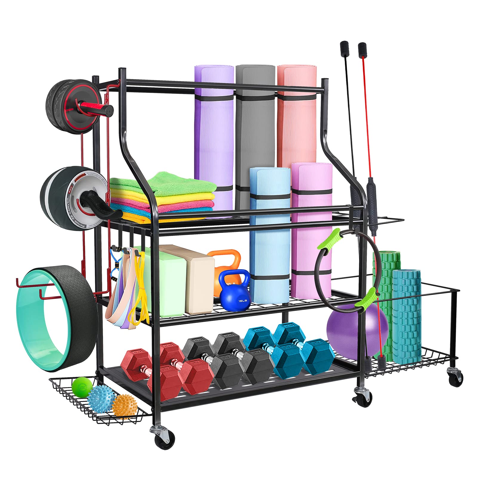 Shmilyashly Yoga Mat Storage Rack, Home Gym Storage Rack for Yoga Mat, Gym Equipment Storage Rack for Dumbbells Kettlebells Foam Roller, Exercise Shelf with Hooks and Wheels