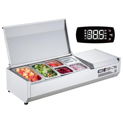 VEVOR, 135 W Countertop Refrigerated Condiment Station, with 2 1/3 4 1/6 Pans, 304 Body and PC Lid, Sandwich Prep Table Guard, ETL, Stainless 48in, Silver