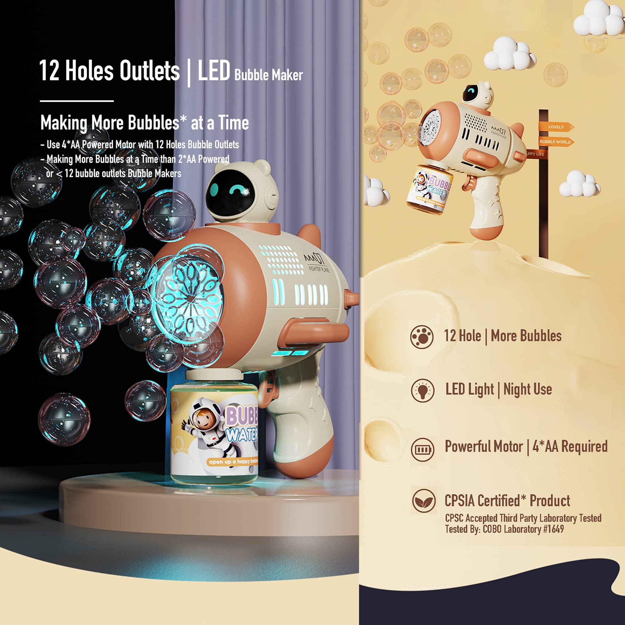 UOOZII Bubble Machine 2pcs/Pack Bubble Guns for Toddlers & Kids - 12 Hole Outlet Automatic Bubble Maker with LED Lights - 4 Bottle + 10 Pack Solution - Outdoor Birthday & Party Toys (Purple & Orange)