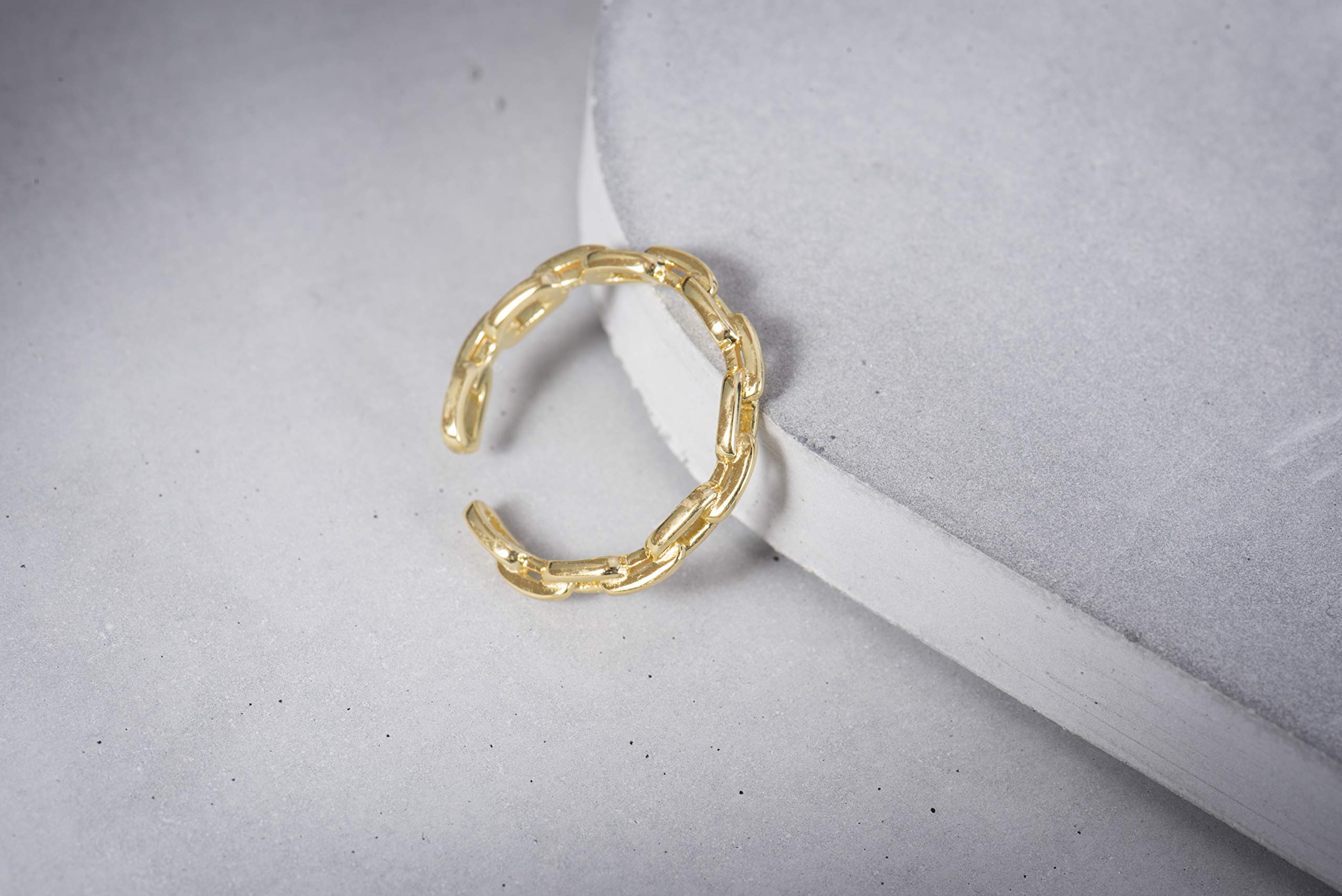 Nossa 18K Gold Plated Sterling Silver Chain Link Ring Simple Stacking Band Open Rings for Women Adjustable
