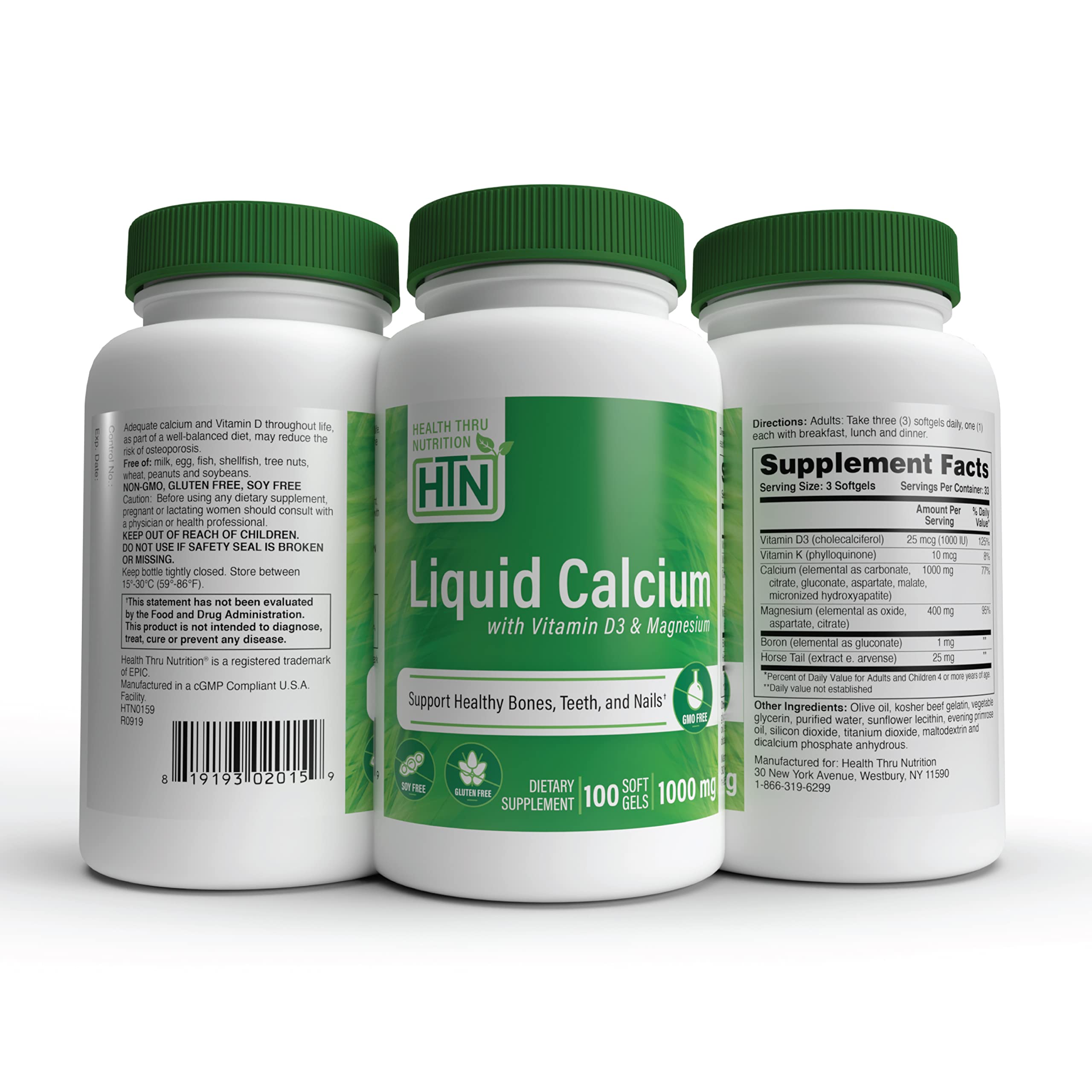 Liquid Calcium 1000mg, Magnesium 400mg, Vitamin D3 1,000iu and Boron | Bone Restore & Strength with 6 Calcium Complex | 3rd Party Tested | Non-GMO Gluten Free | by Health Thru Nutrition (Pack of 100)