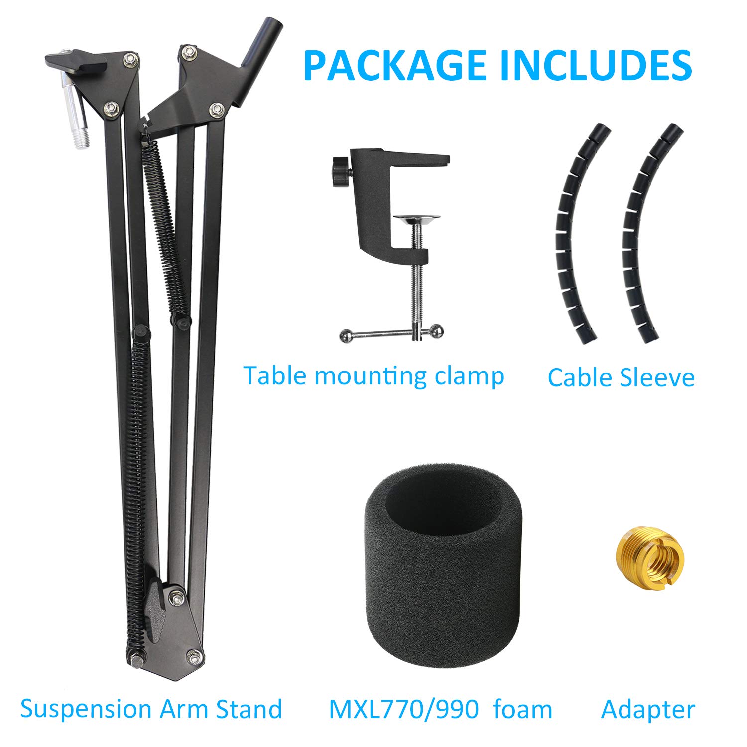 MXL 770 990 Microphone Stand with Pop Filter - Mic Suspension Boom Arm Stand with Windscreen, Cable Sleeve Compatible with MXL 770 990 Mics by YOUSHARES