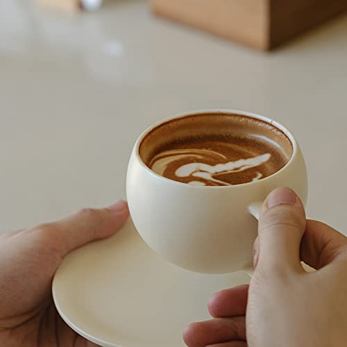 WENSHUO Egg Shape Coffee Mug, Round Teacup with Saucer, Matte Crème, 8oz