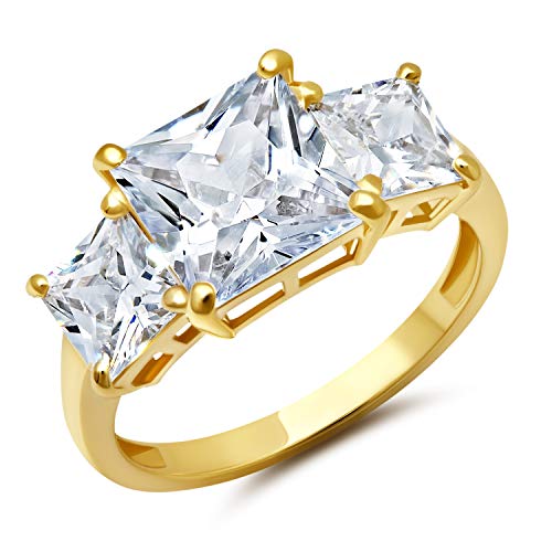 MAX + STONE 4 1/2 Carat Princess Cut Cubic Zirconia Three Stone Ring for Women in 10k Yellow Gold (4.5 ct.tw) Anniversary or Engagement Ring in CZ Size 5