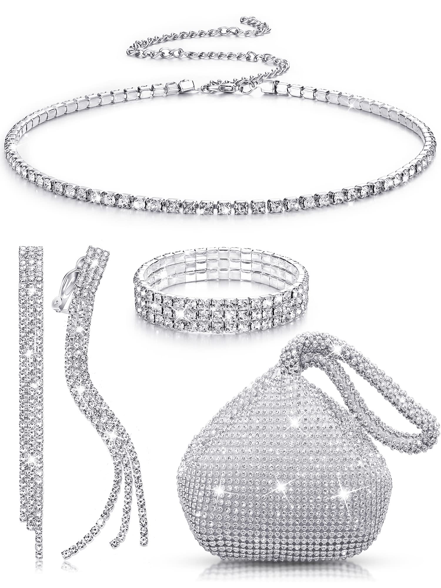 MTLEE Women Clutch Rhinestone Jewelry Set 4 Pieces Bridal Wedding Choker Bracelet Dangle Earrings Triangle Bling Glitter Purse for Party (Silver)