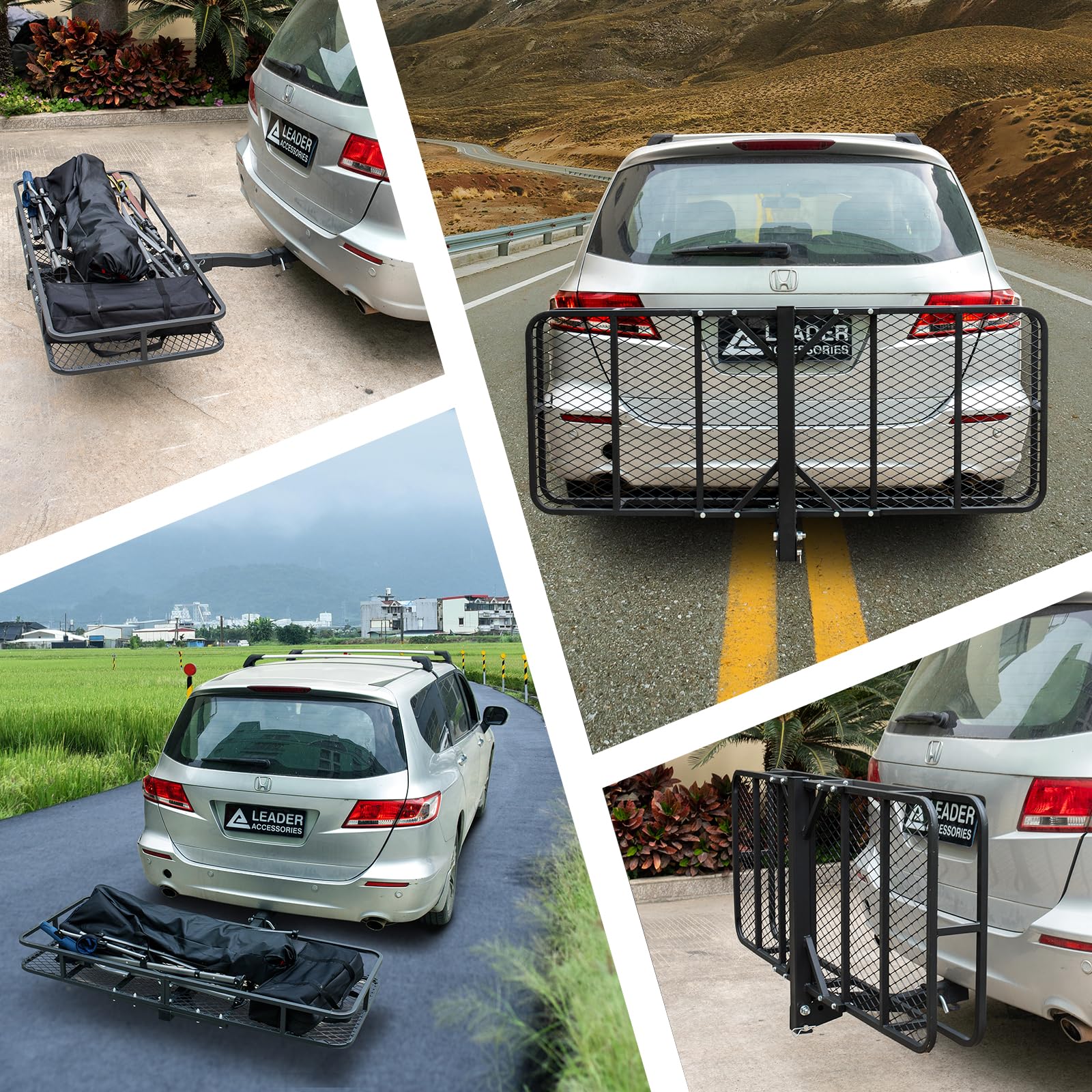 Leader Accessories Hitch Mount Cargo Carrier with Stand Foldable Cargo Basket 60" L x 20" W x 5" H with 500 LB Capacity Fits 2" Receiver