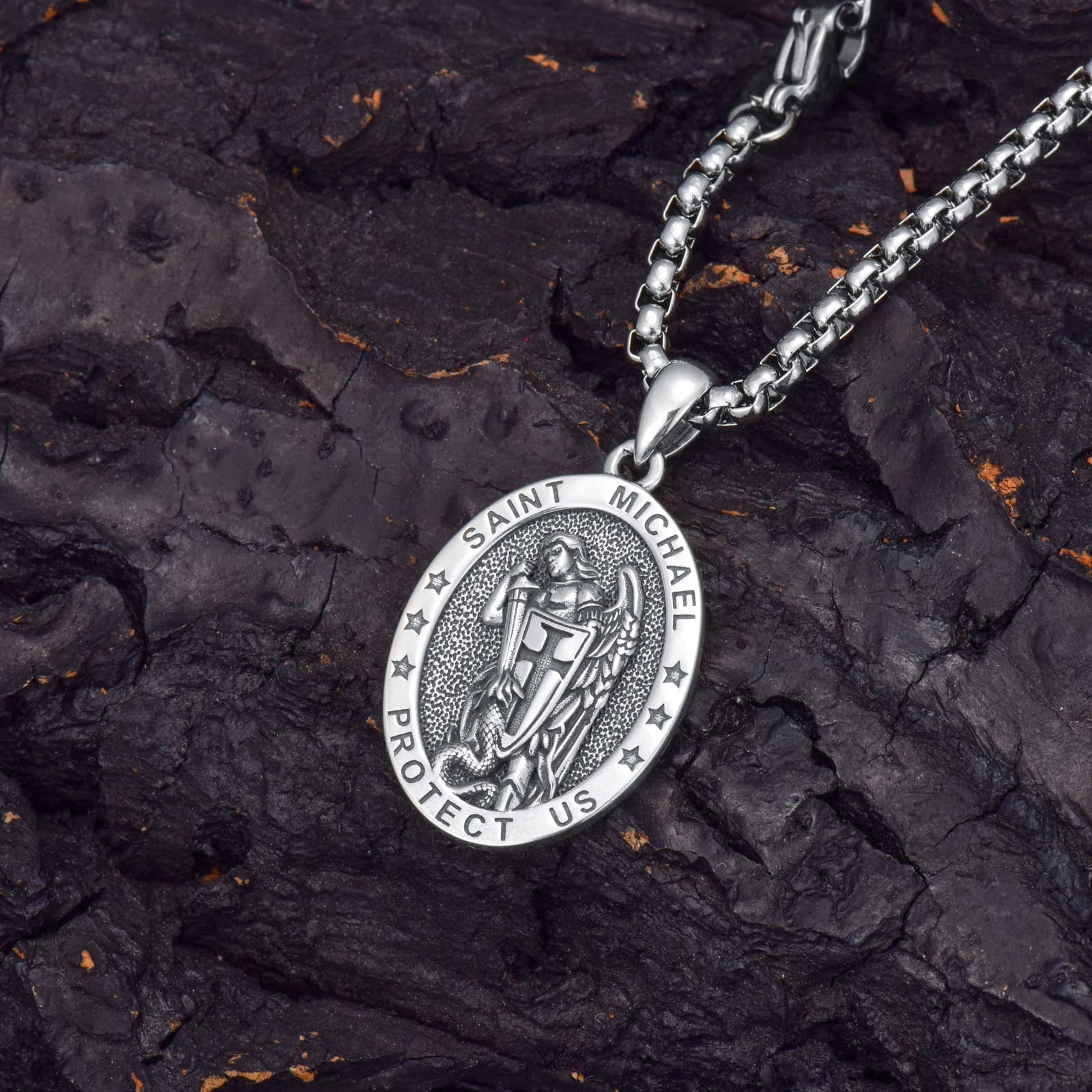 PDTJMTG 925 Sterling Silver St Michael/St Christopher Oval Round Medal Archangel Cross Necklace with 22”+2” Chain (A03-St Michael)