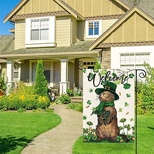 St Patricks Day Garden Flag, Welcome St. Patrick's Day Flags 12x18 Double Sided, Lucky Shamrock Cat Small Burlap Yard Flags for Farmhouse Front Porch Lawn Outdoor Saint Patricks Holiday Decor