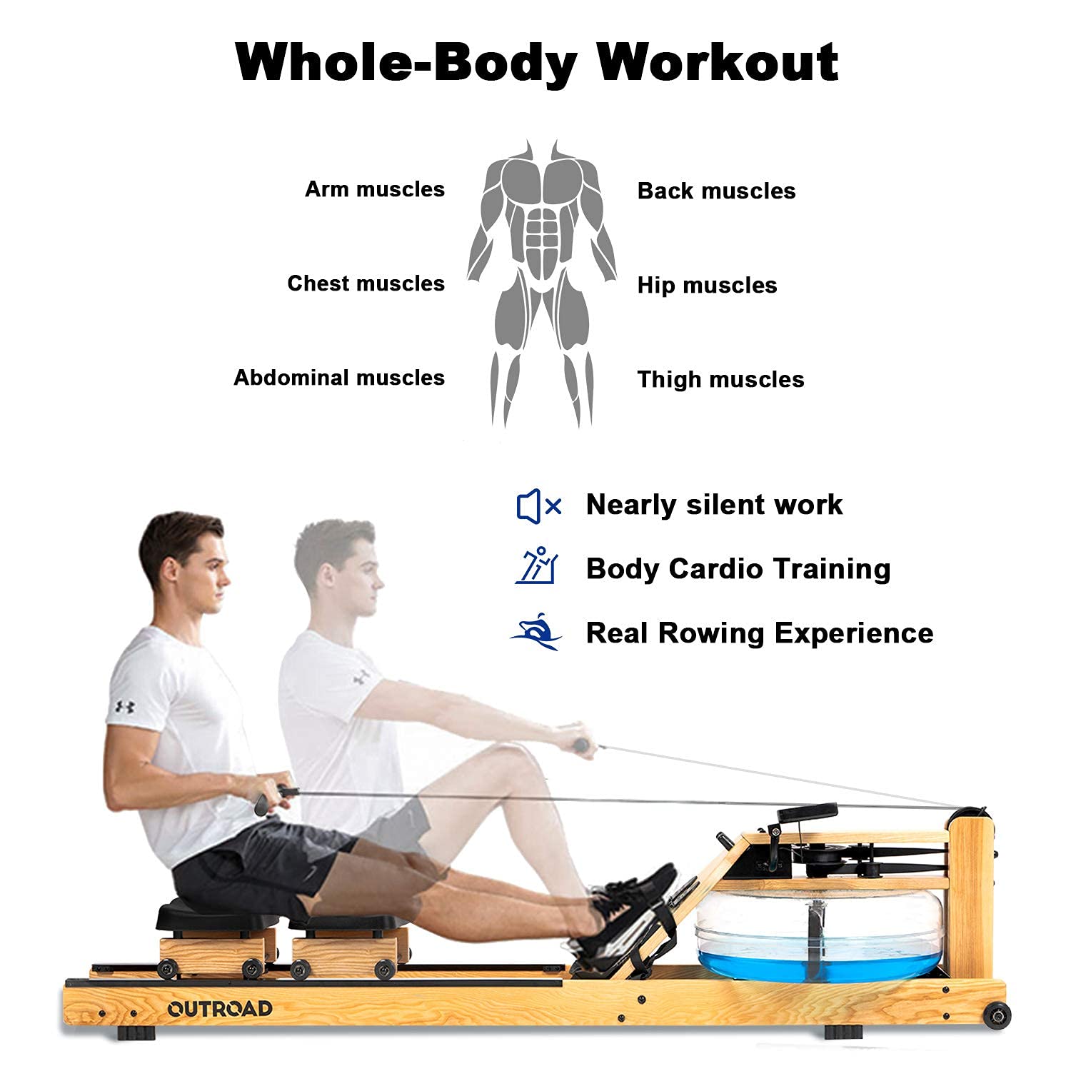 Max4out Water Rowing Machine with LCD Monitor, Adjustable Resistance Rower for Home/Gyms Use with Transport Wheels, Cardio Training Equipment for Full Body Exercises