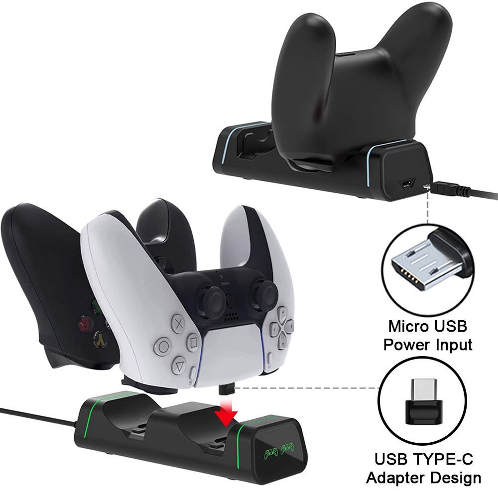 PS5 Controller Charger, Dual Charging Docking Station Stand with 2 Detachable Type C Adapters & LED Indicator Lights for PS5, Xbox Elite2, Xbox Series X/S, Nintendo Switch Pro & Google Controller