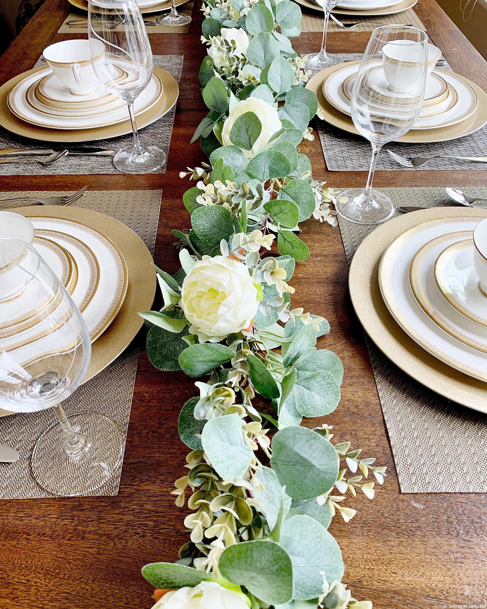Luxury by Laura Lea Eucalyptus Garland with Peony Flowers - Full Realistic Silver Dollar & Twig Greenery, Perfect for Weddings, Mantel Decor, Home Decor, Table Runner