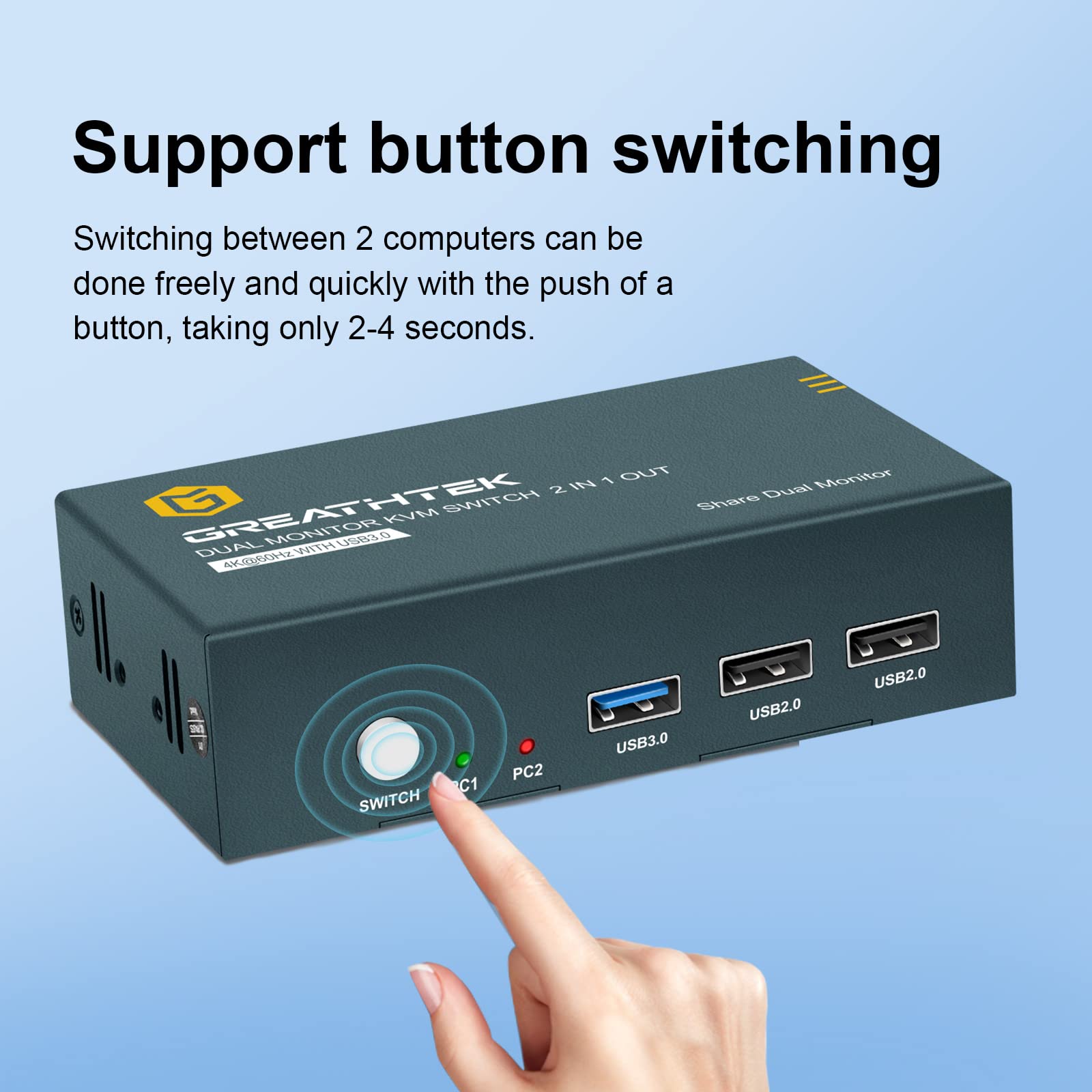 USB 3.0 KVM Switch Dual Monitor DisplayPort 4K@60Hz, 2 Port DP KVM Switch 2 Monitors 2 Computers with USB 3.0 Port, Support Button Switch 2 PCs Share USB Devices, with 4 DP Cables and 2 USB3.0 Cables