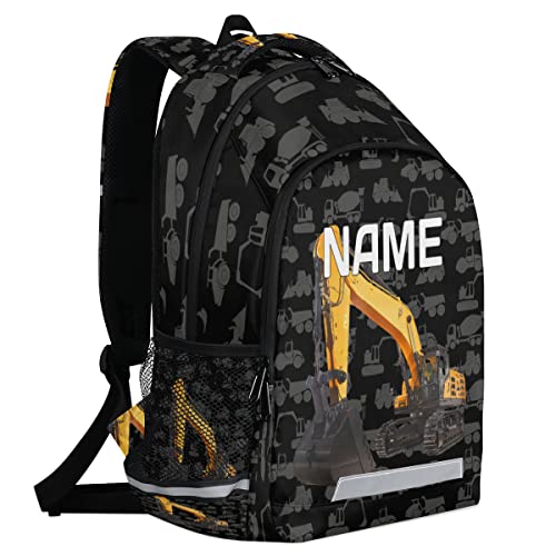 OMFUNS Excavator Truck Custom Name School Backpack for Boy Girl Teen Cool Car Personalized Student Bookbag for Primary Junior College Customized Laptop Backpack for Men Women