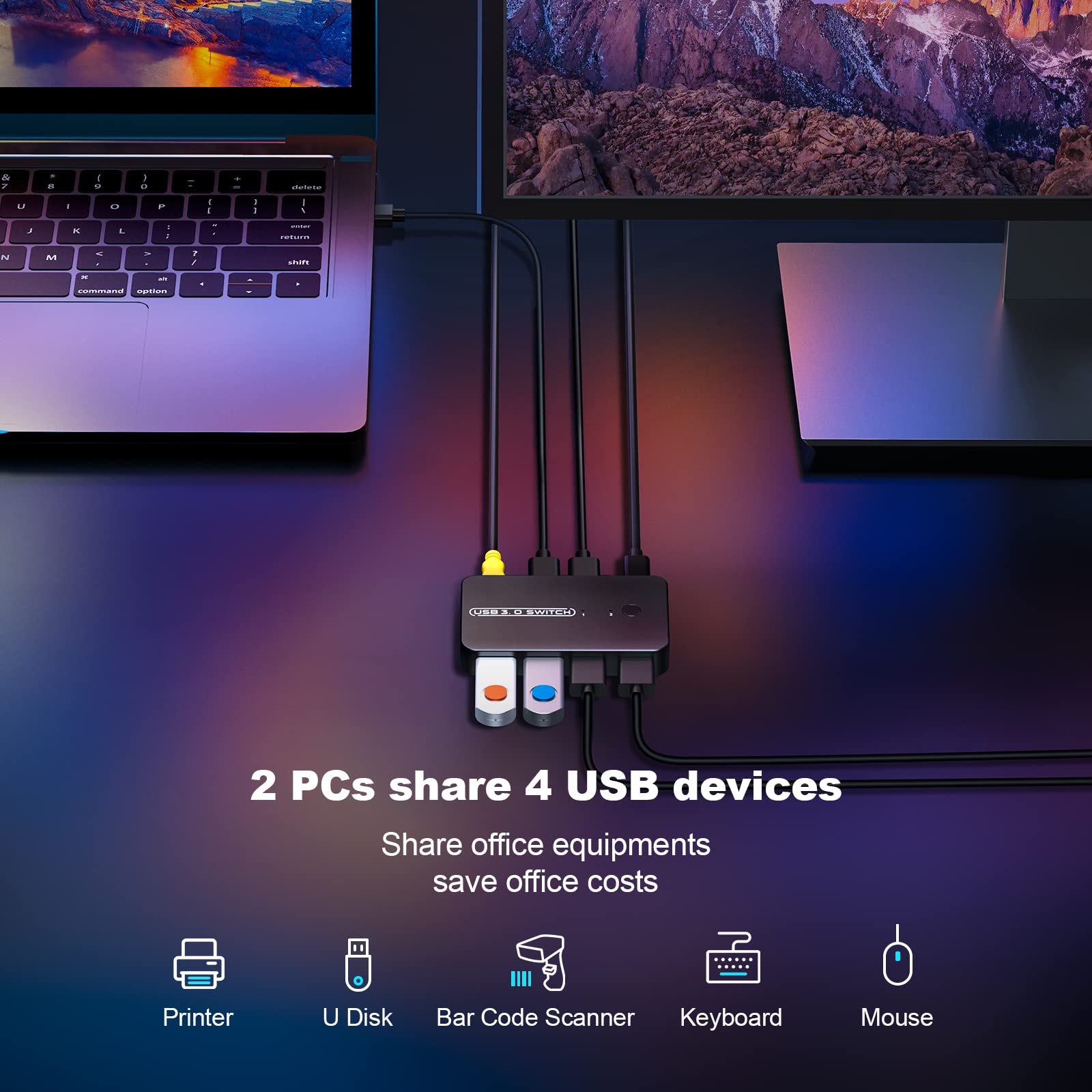 USB 3.0 Switch, JCHICI USB Switcher 2 Computers Sharing 4 USB Devices KVM Switcher Box for Printer Keyboard Mouse Scanner U-Disk