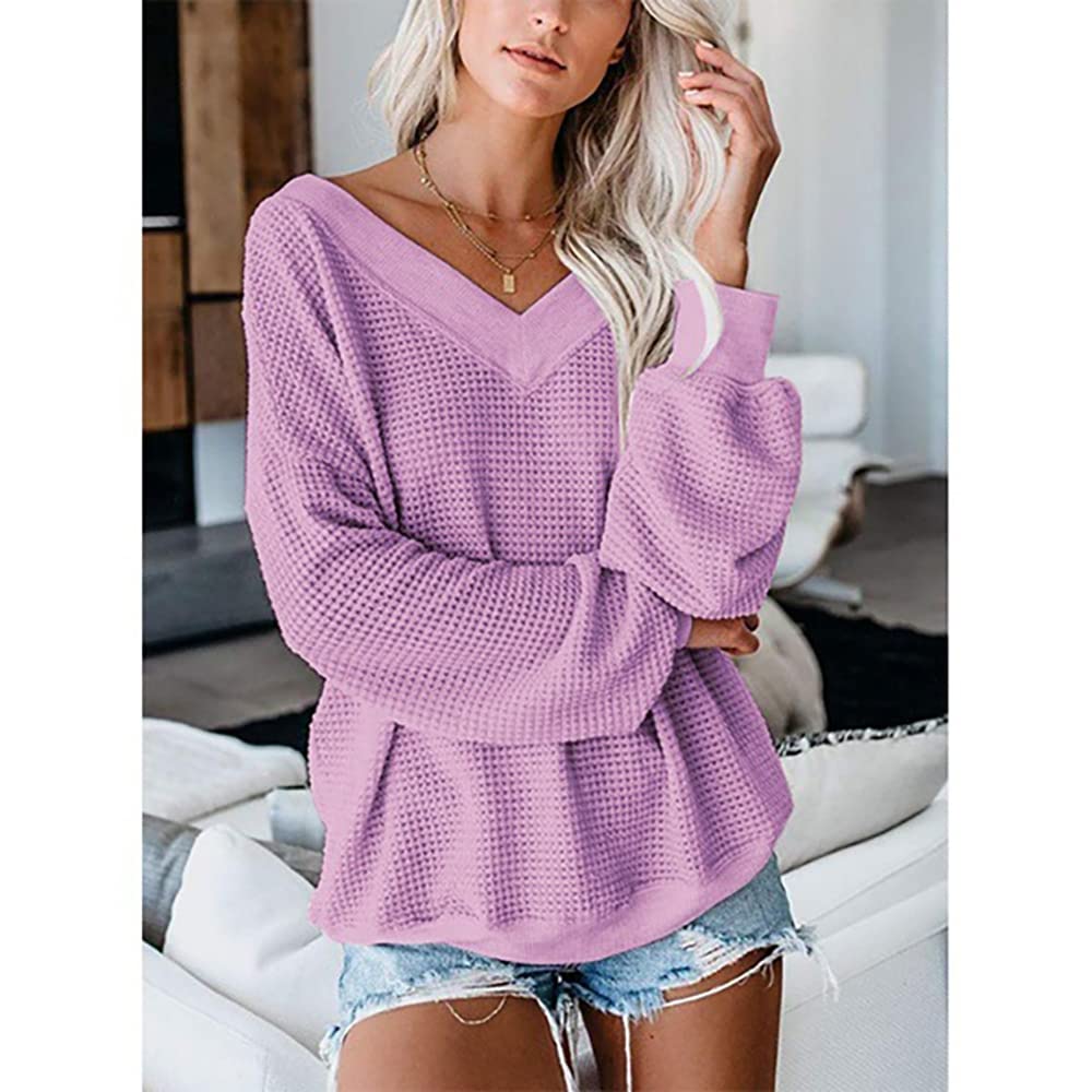 Mayntop Womens Sweater Jumper Plus Size Solid Color Plain V-Neck Knitted Tops Long Sleeve Loose Pullover Loose Knitwear(L,A Purple)