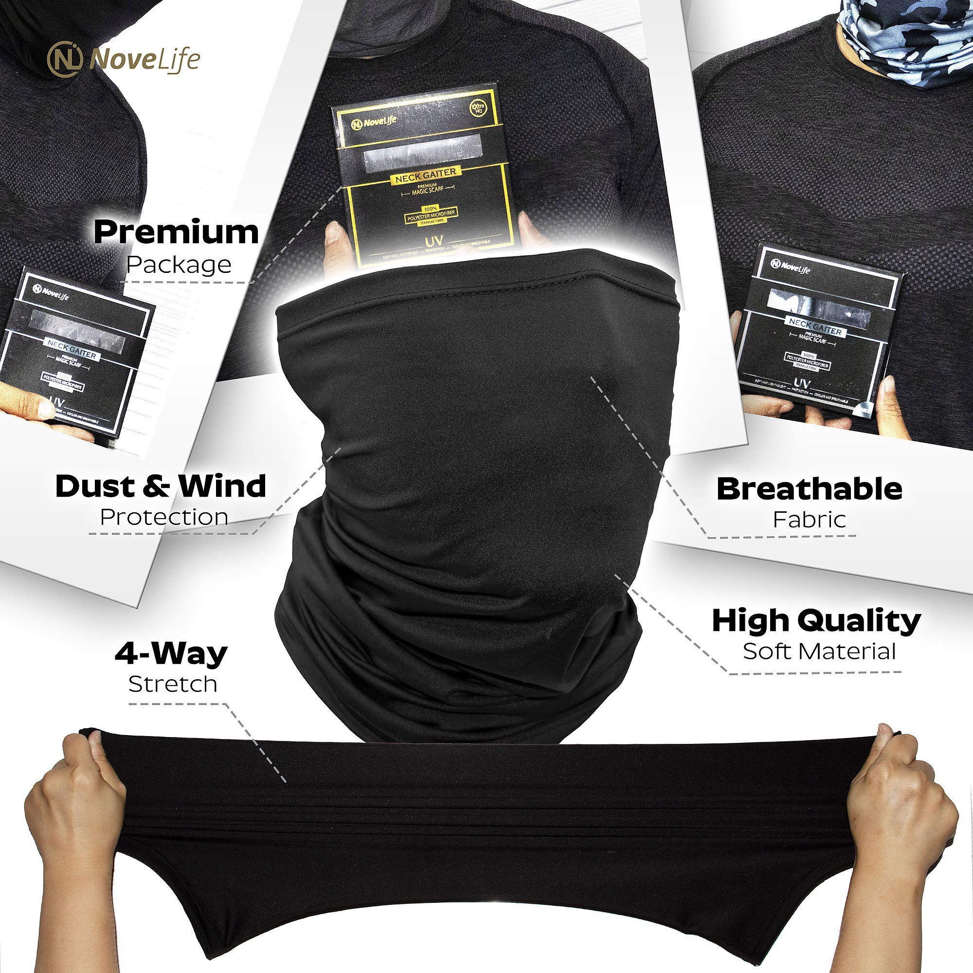 NOVELIFE Neck Gaiter, Bandana Face Mask, Balaclava Breathable Cover Scarf, Gator Covering (Black)