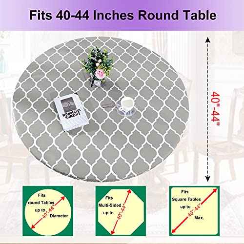 Zhuqing Heavy Duty Vinyl Round Fitted Tablecloth, Gray Moroccan Design, Spillproof Waterproof Elastic Table Cover with Flannel Backed Lining, Fits 40" to 44" Round Table,for Indoor/Outdoor Use