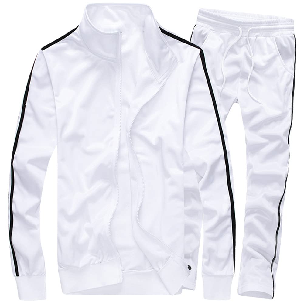 MACHLAB Men's Activewear Full Zip Warm Tracksuit Sports Set Casual Sweat Suit White L