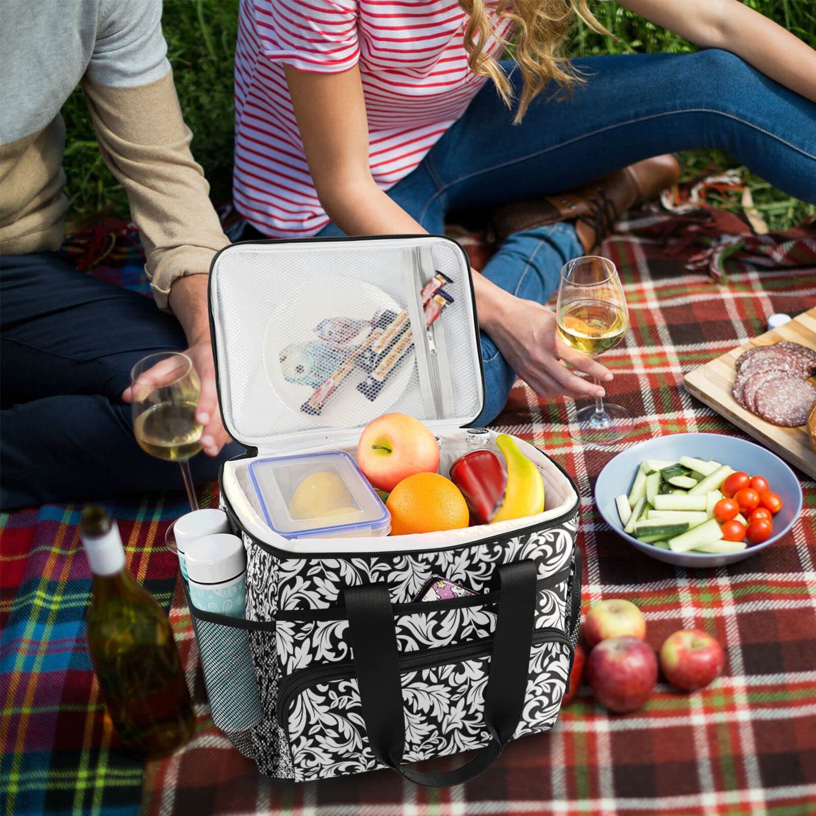 Seamless Gold Baroque, Damask Floral Pattern in Black White Style Insulated Leak proof Cooler Large Capacity Lunch Bag with Adjustable Shoulder Strap for Camping Picnic Reusable Cooler Bag