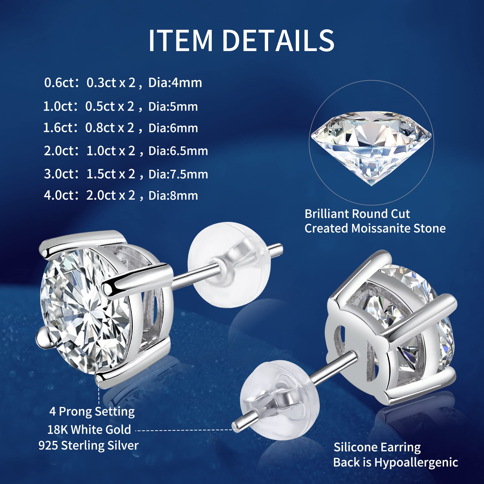 Moissanite Stud Earrings, White Gold Gemstone Silver, Moissanite