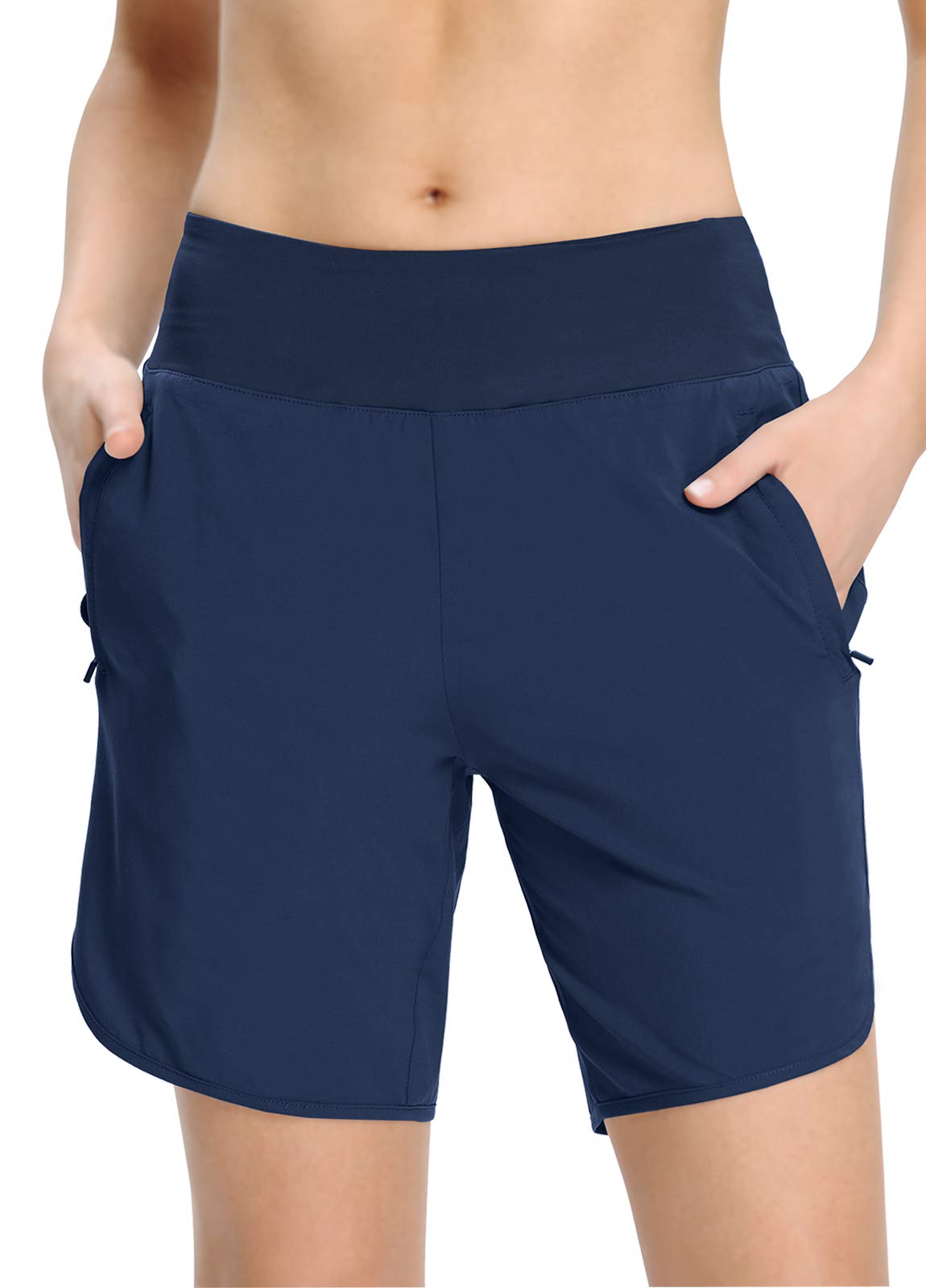 MOCOLY Womens Quick-Dry Running Shorts Athletic Sports Workout Shorts Lightweight Gym Yoga Shorts 7 Inches Loose Fit Zip Pocket Navy Blue S