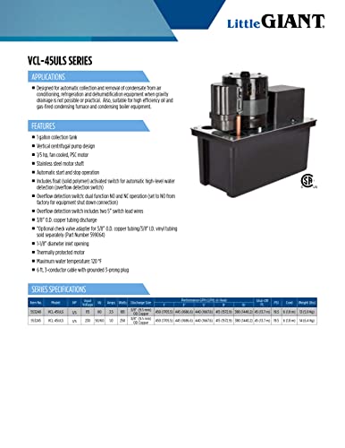 Little Giant VCL-45ULS 115 Volt, 1/5 HP, 450 GPH, Automatic Condensate Removal Pump with 1-Gallon Tank and Safety Switch, 6-Ft. Cord, Black, 553240
