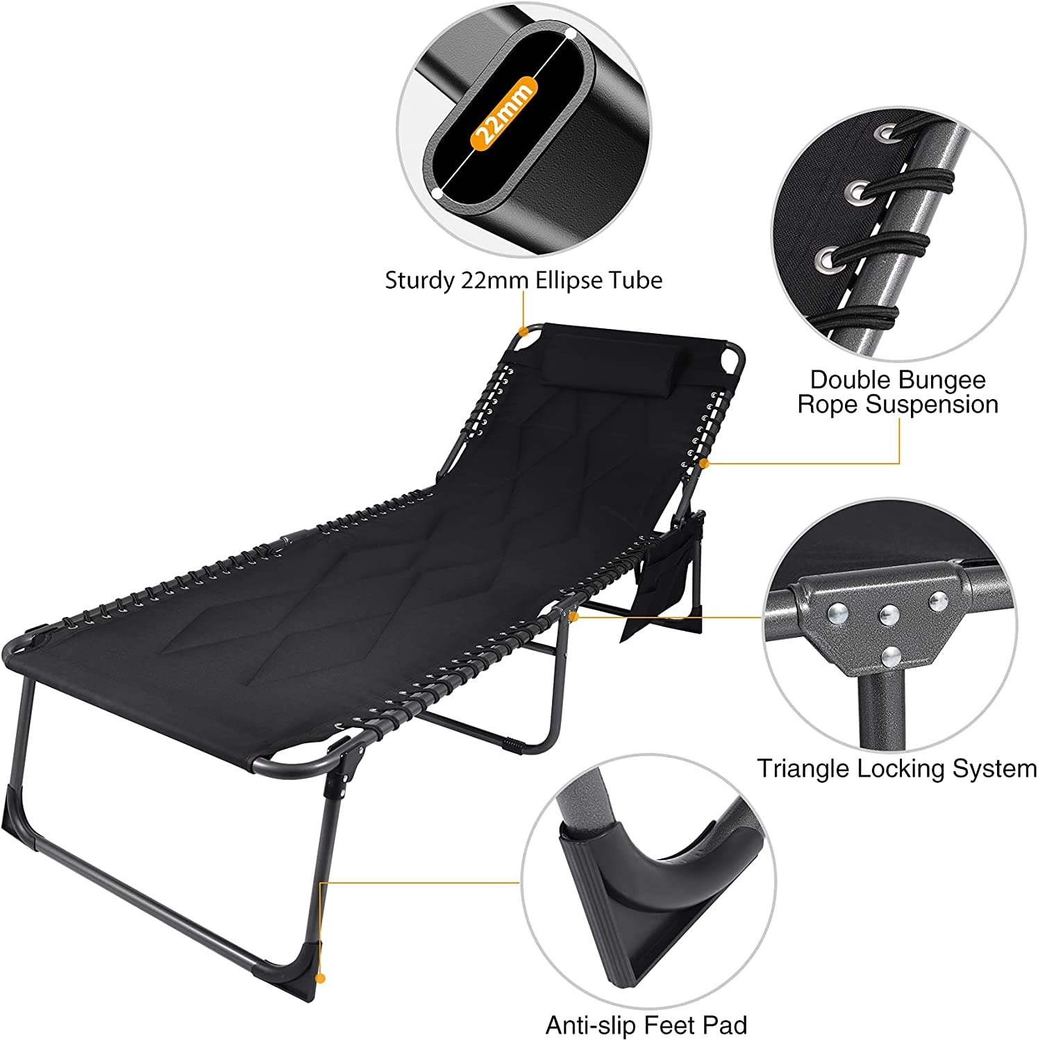 RedSwing Folding Sleeping Cot with Cotton for Adults, Extra Wide 4-Position Adjustable Folding Chaise Lounge Chair with Pillow, Outdoor Portable Camping Cot for Travel Beach Patio, 79"×27" Black