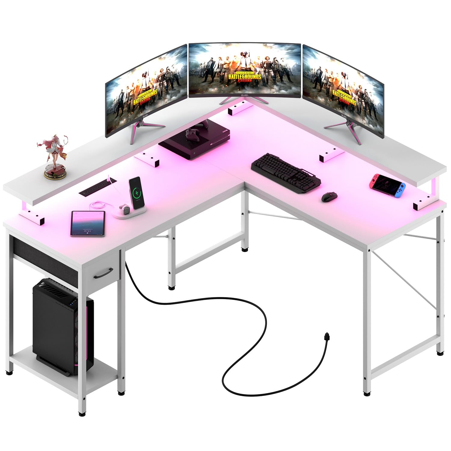 L Shaped Computer Desk with LED Lights & Power Outlets, Reversible Gaming Desk with Monitor Stand, Sturdy L Shaped Desk with Drawers Home Office Corner Desk with CPU Stand, Easy Assembly, White