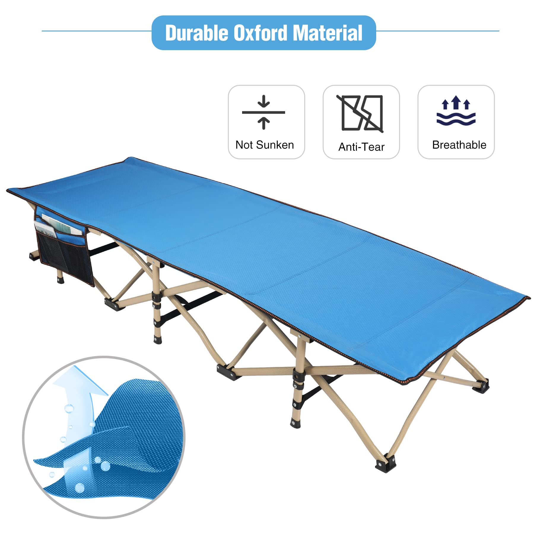 RedSwing Kids Cots for Sleeping Extra Long, Strudy Folding Toddler Cot for Camping Indoor Outdoor, Easy to Carry, 75''x26'' Blue