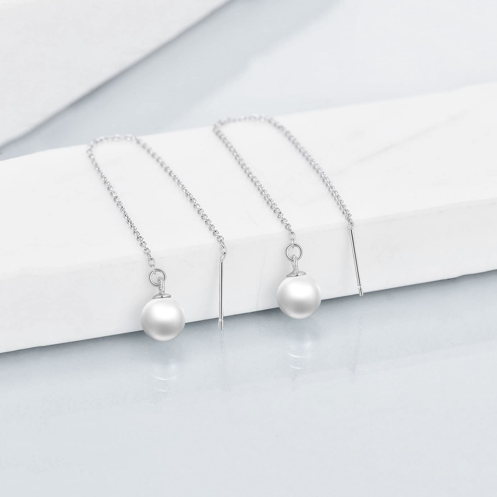 Pearl Threader Earrings Gifts Sterling Silver Long Piercing Pearl Tassel Drop Dangle Ear Line Eardrop Earrings Jewelry for Women Teen