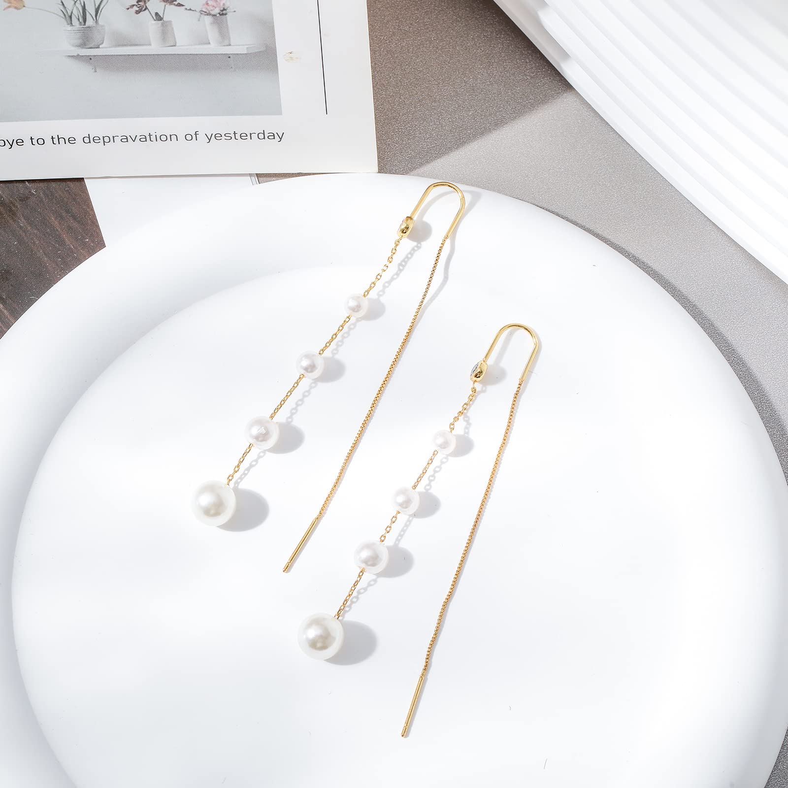 Pearl Threader Earrings for Women, 18k Gold Plated Long Drop Earrings Dangle Tassel Chain Statement Jewelry