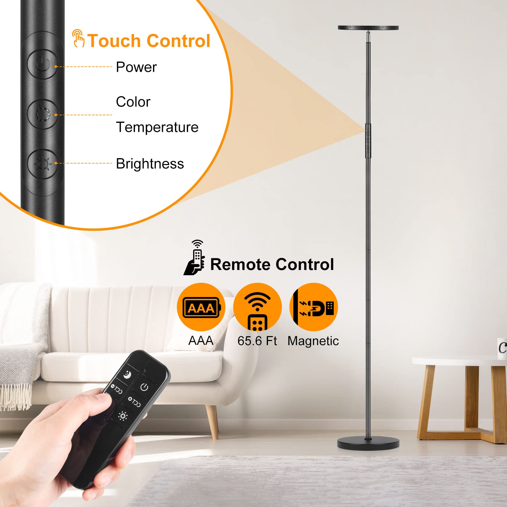 LED Floor Lamp, 3600LM 36W Super Bright Standing Lamp with Remote & Touch Control, 350W Equivalent Modern Torchiere Lamp with 2700K-6500K Stepless Dimming, 69" Tall Lamp for Living Room Bedroom Office