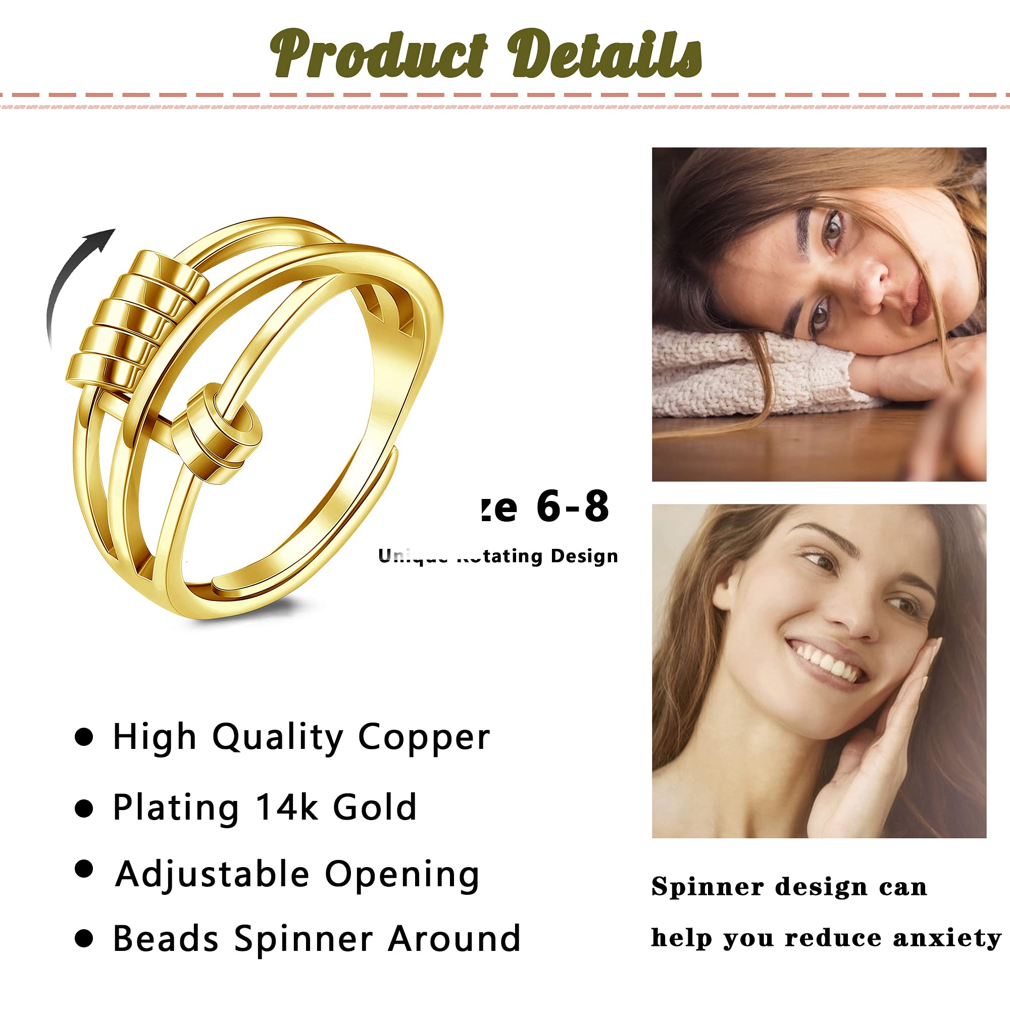 sailimue 6Pcs Anti Fidget Anxiety Rings for Women Adjustable Open Ring Set Spinner Fidget Rings for Anxiety Bead Stress Relief Stackable Rings