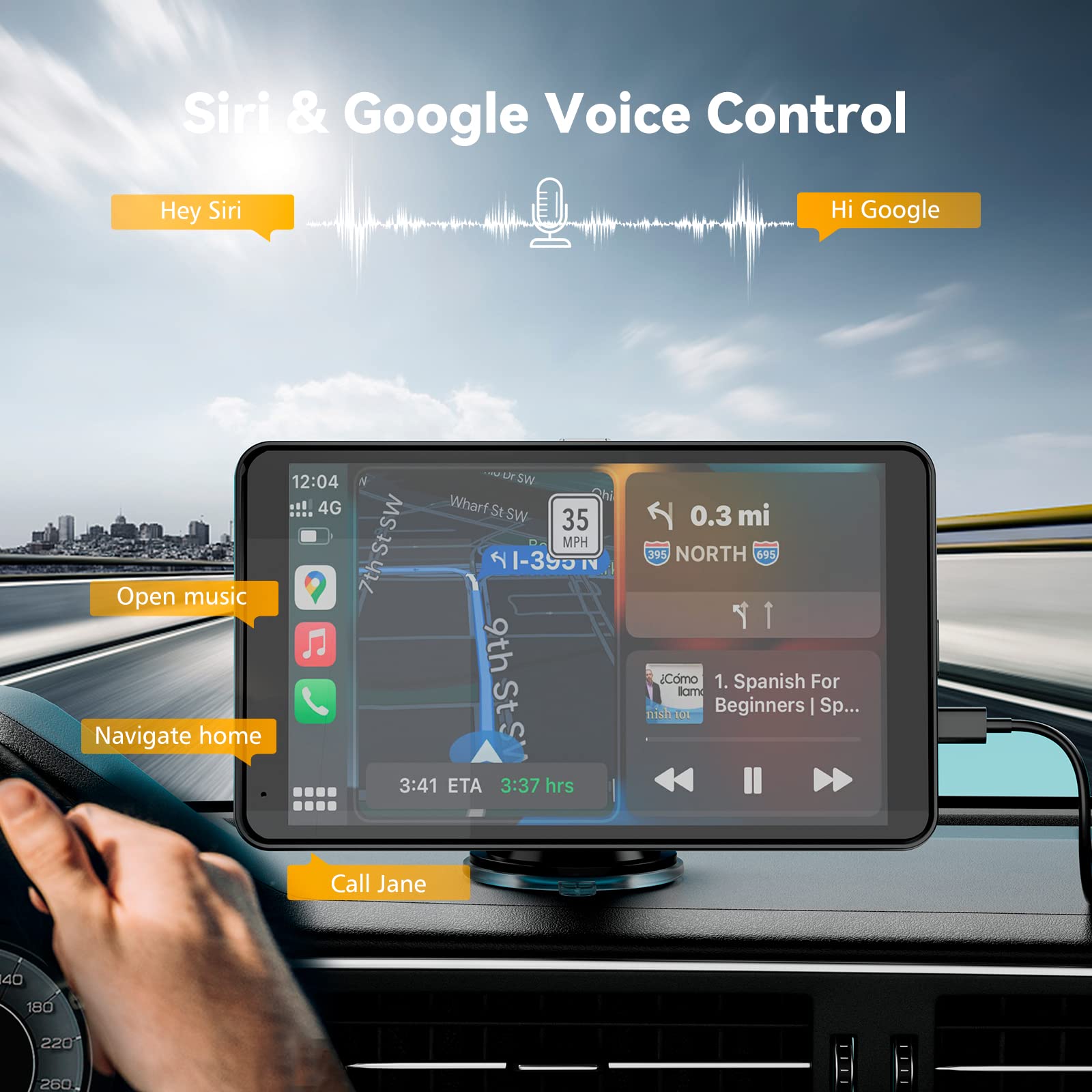 Spedal Portable Wired Car Stereo with Apple Carplay & Android Auto, 1080P Dash Cam with 7 Inch HD IPS Touchscreen, Voice Control, FM Transmitter, AUX/USB/32G TF Card, Supports Most Car Models