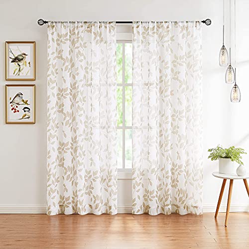 Leaf White Sheer Curtains for Living Room Bedroom 84inches Long Taupe Leaves Print Light Filtering Rustic Window Curtain Panels Botanical Linen Textured Look Drapes for Garden Patio Office 50β w 2pcs
