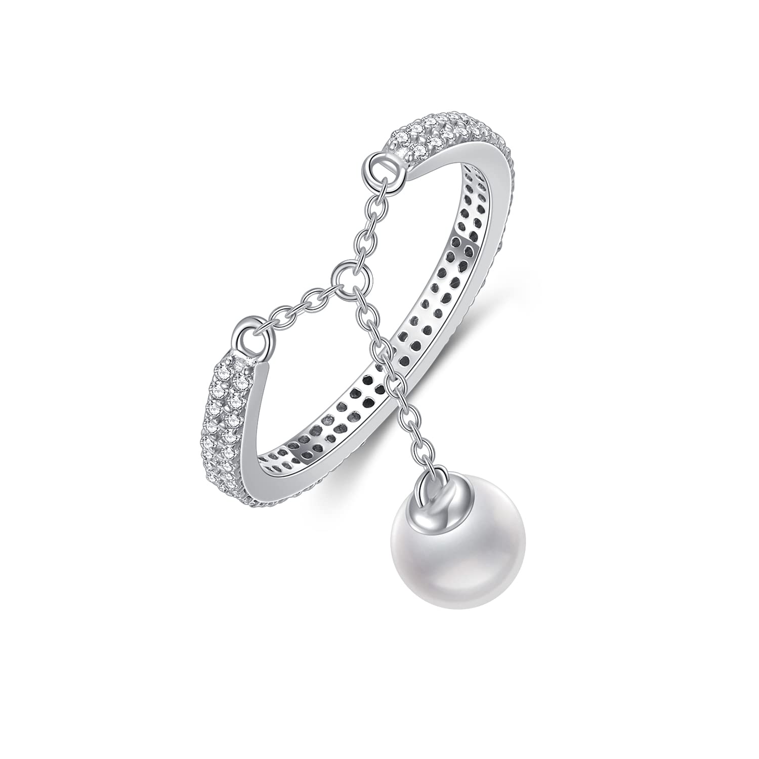 PEIMKO Cubic Zirconia Ring 925 Sterling Silver Freshwater Pearl Stackable Ring Wedding Jewelry Gifts for Women Lover