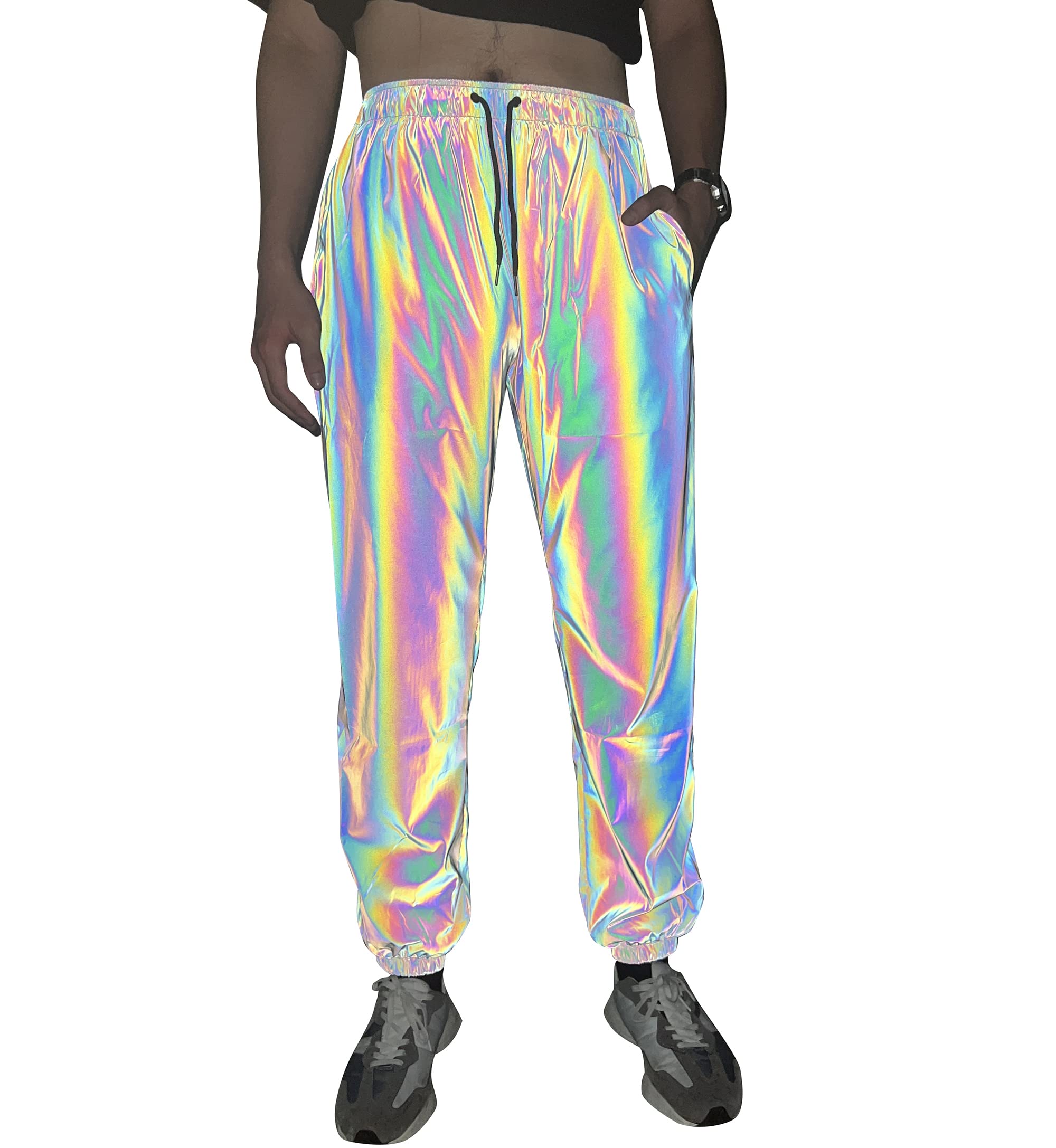 LZLRUN 3M Rainbow Reflective Shorts Pants Men Fluorescent Trousers Casual Night Jogger (M, Pants)