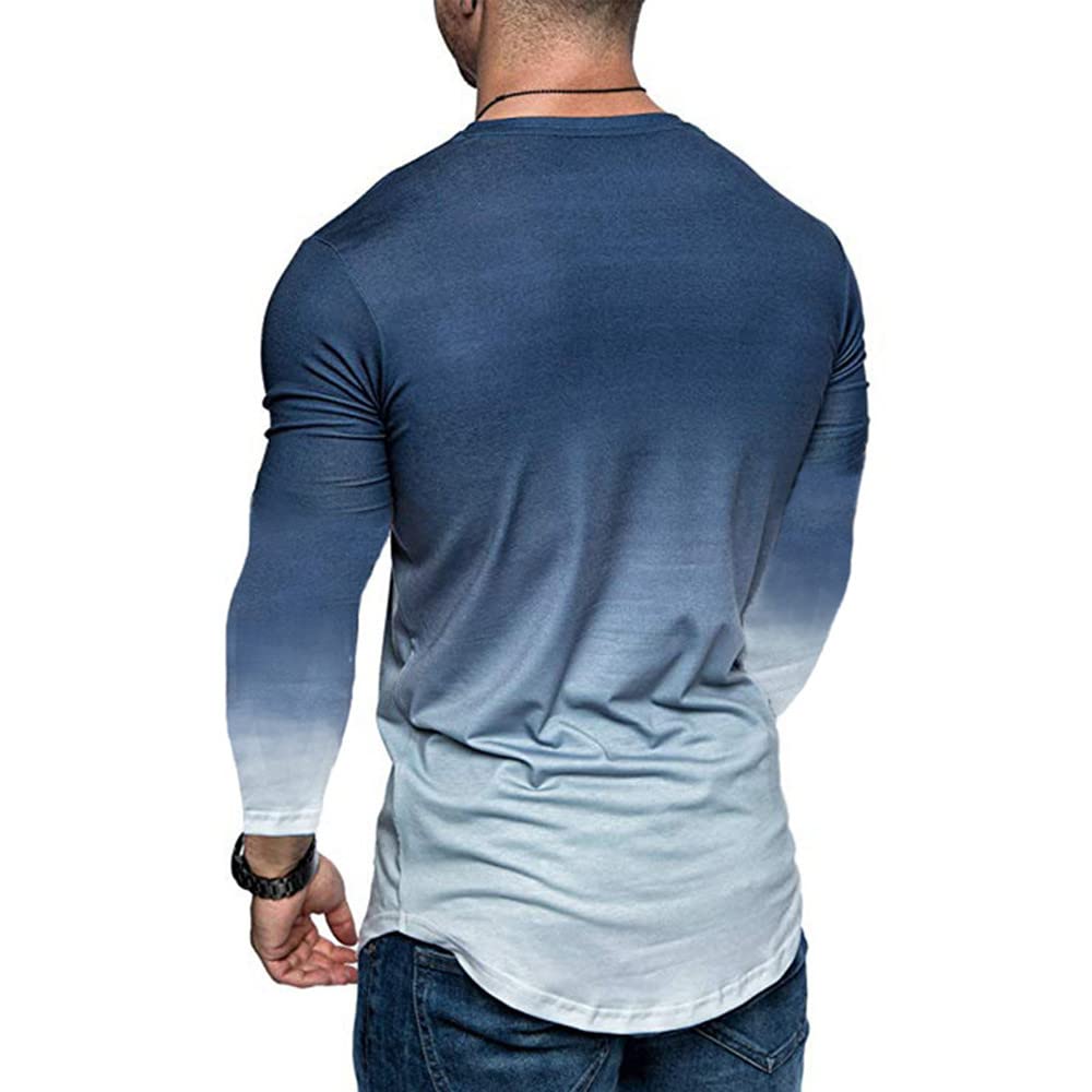 Pejihota Mens Muscle Gym Athleisure Fitted T-Shirt Crew Neck Long Sleeve Gradient Tee Top Blue