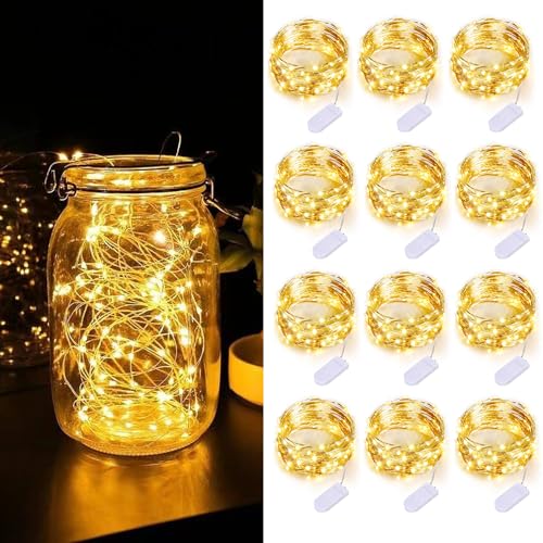 LEDIKON 12 Pack 10ft 30 LED Fairy Lights Battery Operated Mini String Lights,Silver Wire Warm White Firefly Lights for Wedding,Party Centerpieces,Table Decor,DIY Crafts,Festivals,Mason Jars Décor