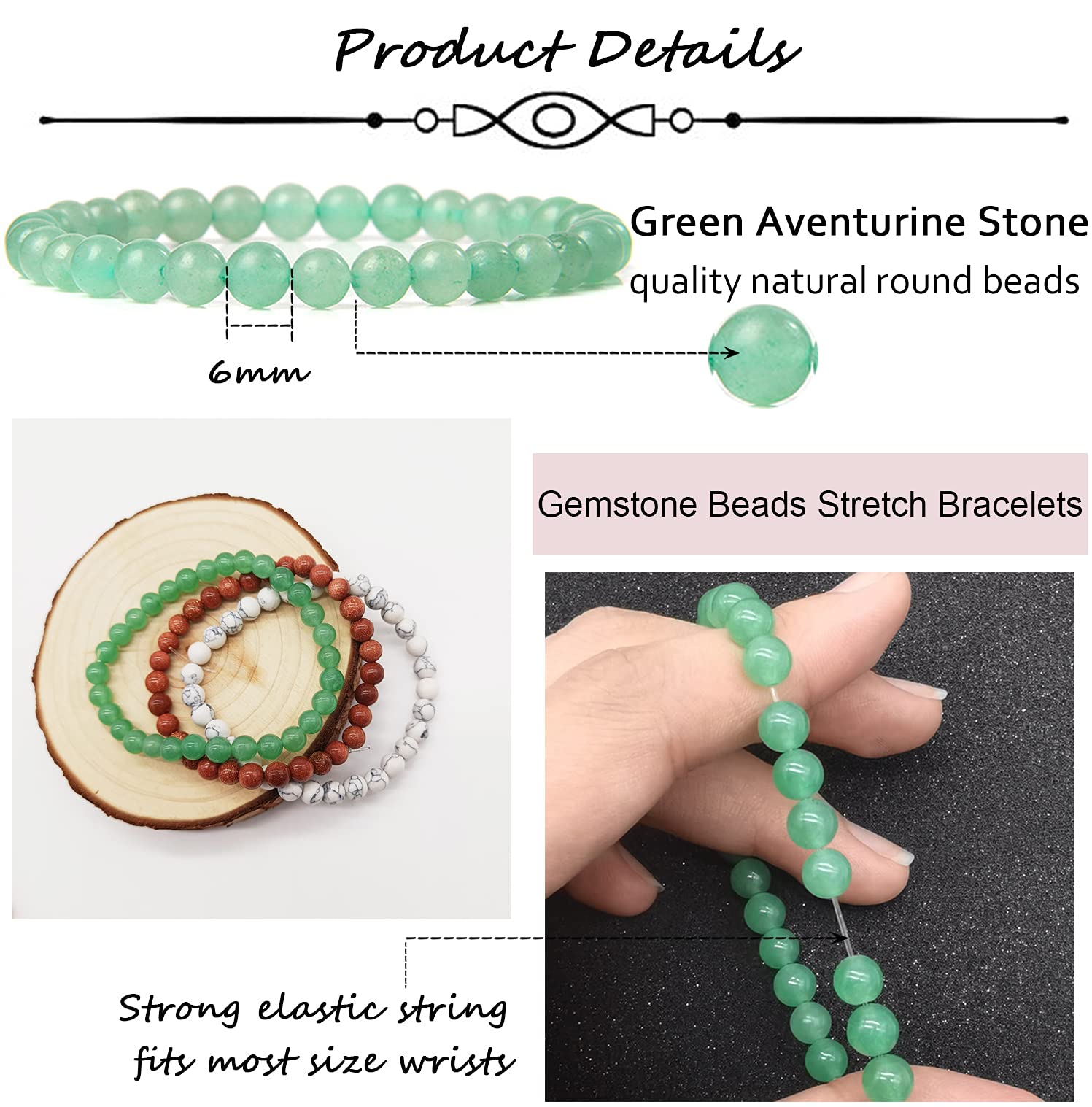 SAMOCO 12PCS 6mm Gemstone Beaded Bracelets for Women Tiny Crushed Stone Crystal Bracelet Beaded Couples Stretch Unisex Stretch Bracelets Jewelry