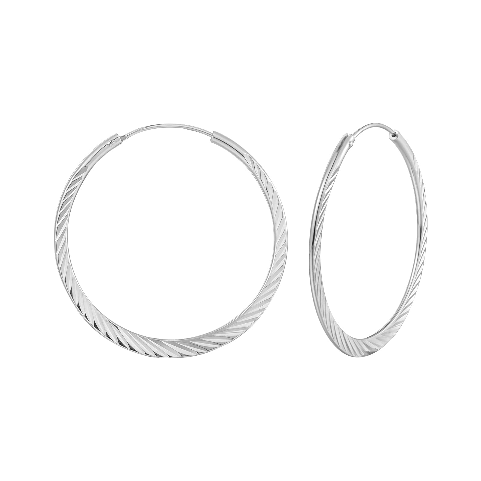 T400 Sterling Silver Hoop Earrings for Women Wide Flat Textured Round Medium Hoops (Diameter 40mm)