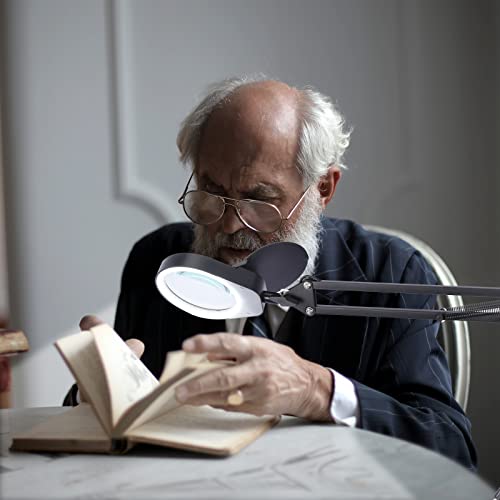 YOCTOSUN Magnifying Desk Lamp with Clamp, 5X Real Glass Lens, 3 Color Modes Stepless Dimmable, Adjustable Arm Magnifying Glass with Light and Stand for Reading, Painting, Sewing & Crafts