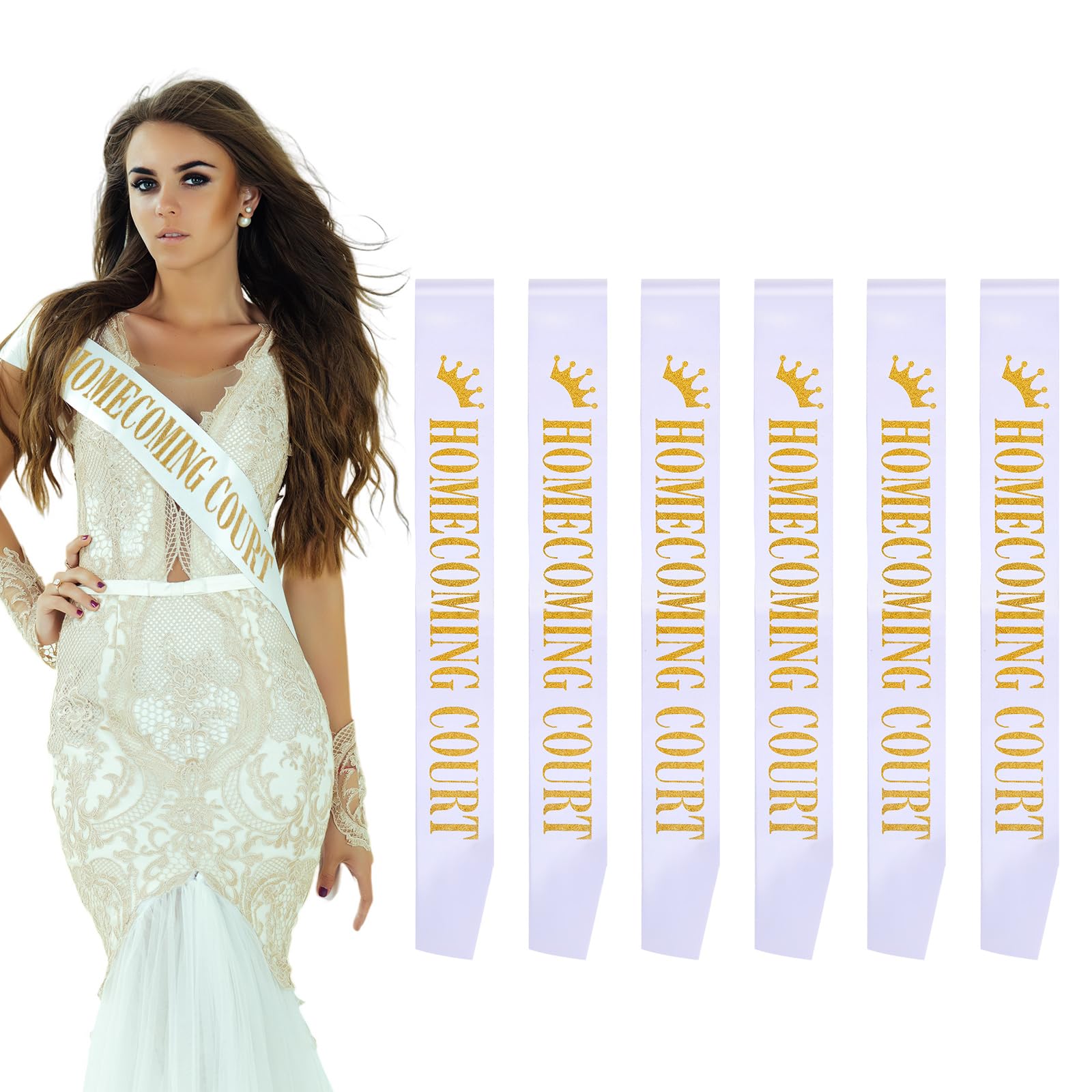 Thiccywoov 6 Pieces Homecoming Court Satin Sashes with Glitter Letters White Court Sashes Bulk for Pageants Homecoming Party School Dance Graduation Party Favors Decorations Accessories