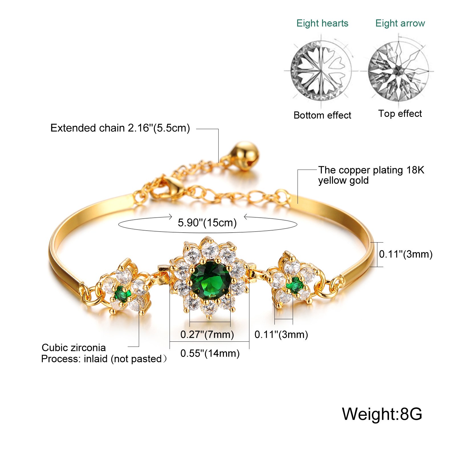 L & J 18k Yellow Gold Sparkling Green Rhinestone Halo Diamond Cut AAA CZ Flower Bangle Bracelet for Women