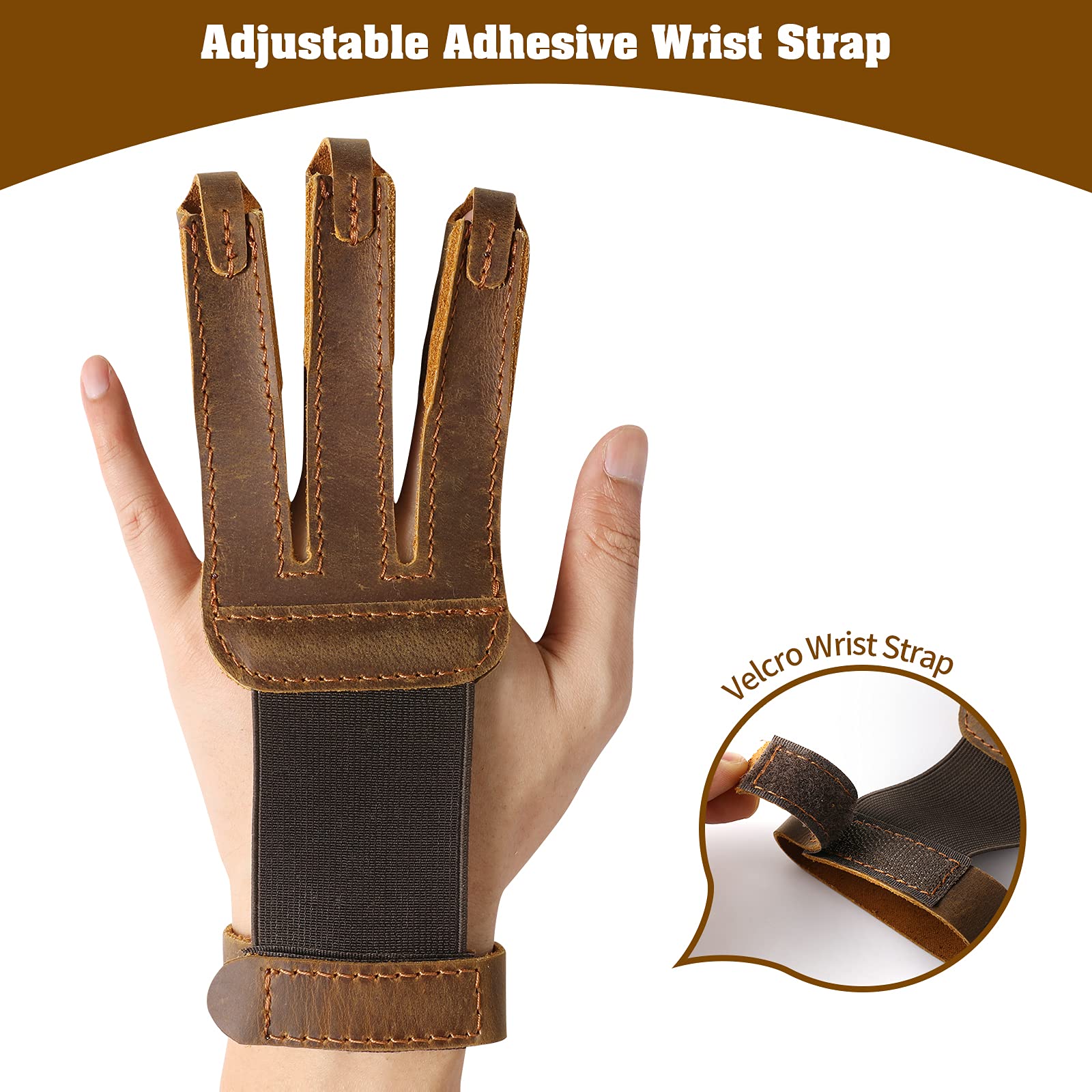 RingSun Archery Glove Three Finger Genuine Leather Protective Glove for Youth & Adult, Archery Protective Gear Accessories Archery Shooting Glove RS71, Brown