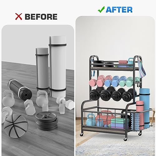 Yoga Mat Storage Rack, Home Gym Storage Yoga Mat Organizer Holder, Sehloran Dumbbell Rack With Hooks and Wheels, Weight Rack for Dumbbells and Kettlebells, Workout Equipment Weight Stand for Home Exercise and Fitness Gear (Metal)