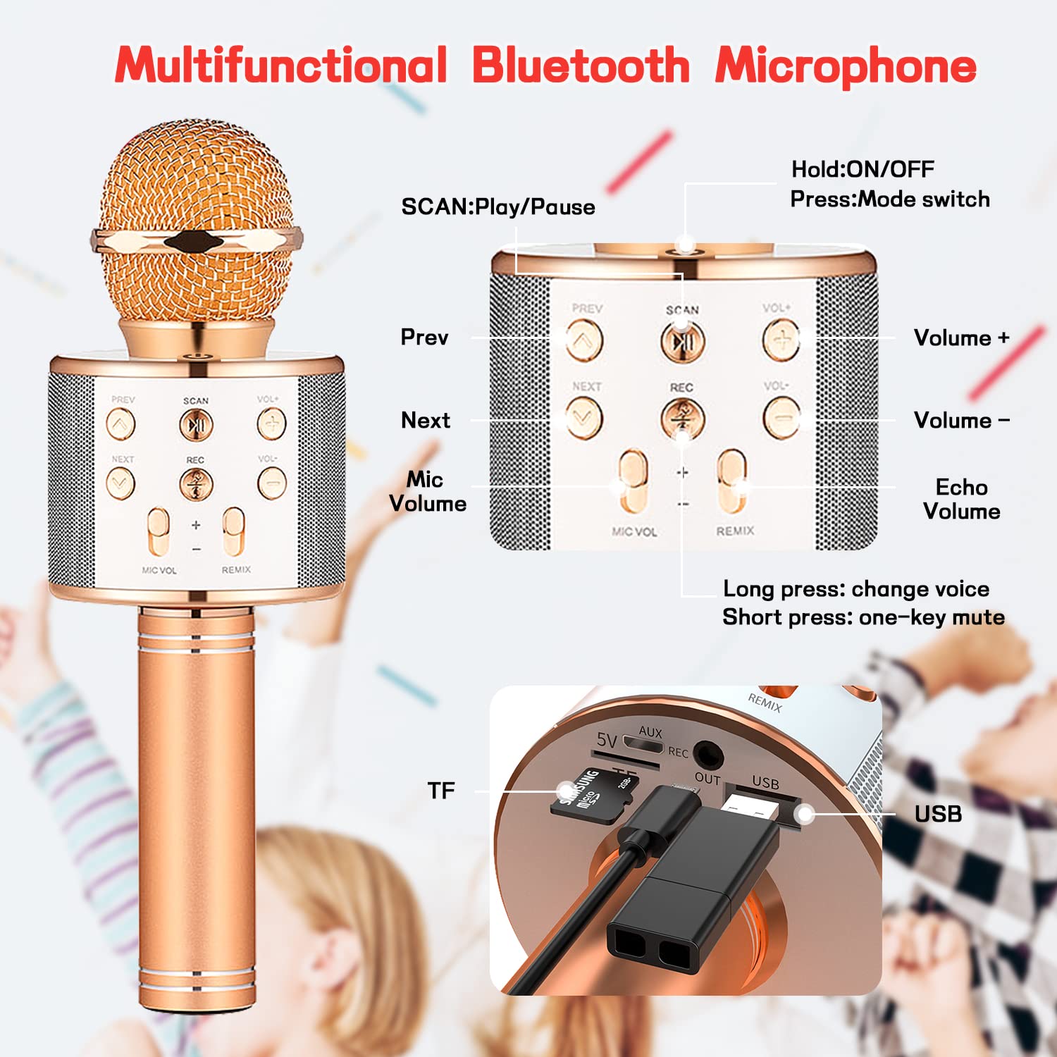 SJPRO 4 in 1 Portable Karaoke Microphone for Kids, Handheld Home Party Microphone with Magic Voice, Best Birthday for Kids, Suitable Android/iPhone PC and All Smartphone(Rose Gold)
