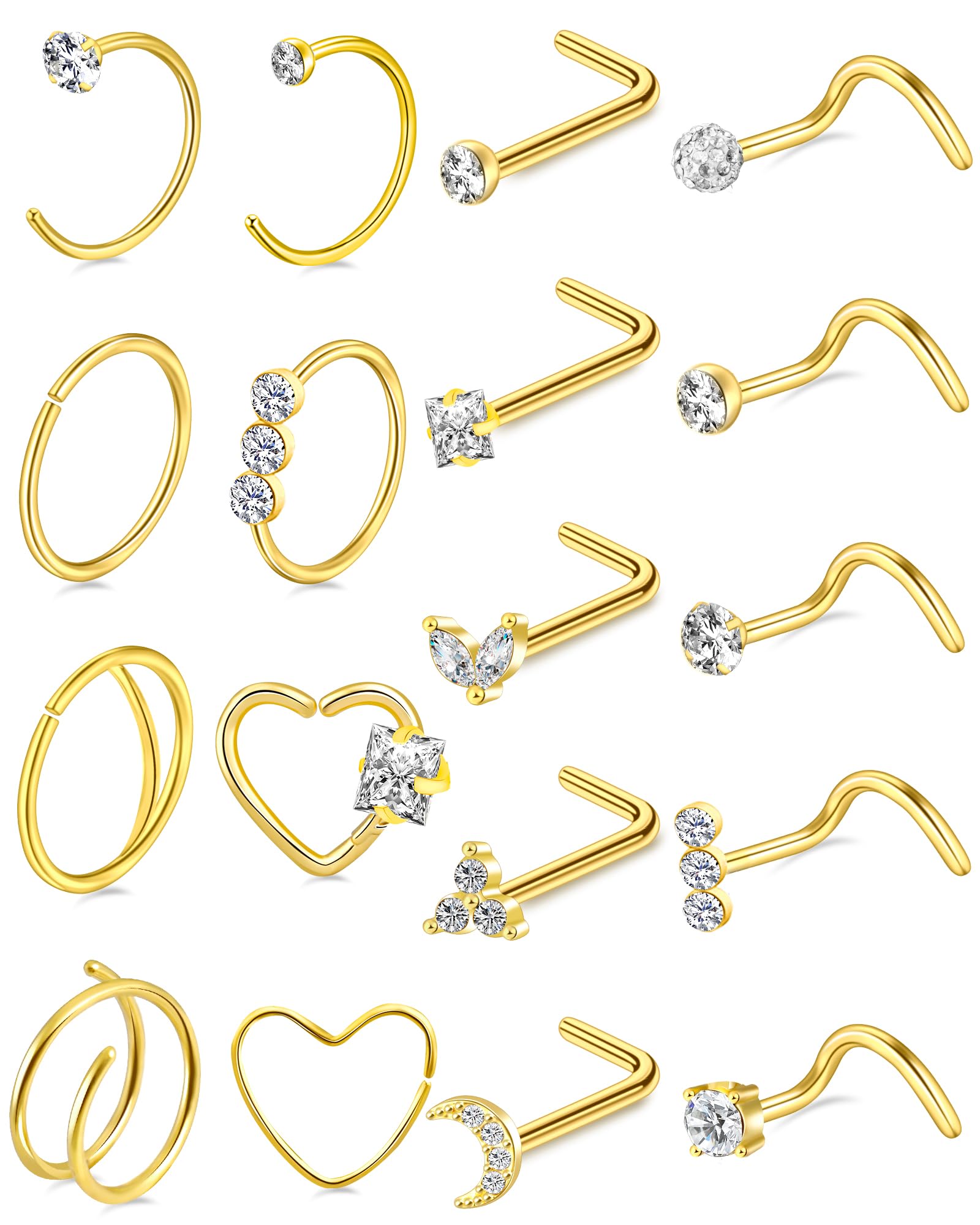 ONESING 18 PCS 20G Gold Nose Rings for Women Surgical Stainless Steel Nose Piercings Jewelry Nose Rings Hoops L Shape Nose Studs Nose Jewelry Screw Helix Earrings for Women Me
