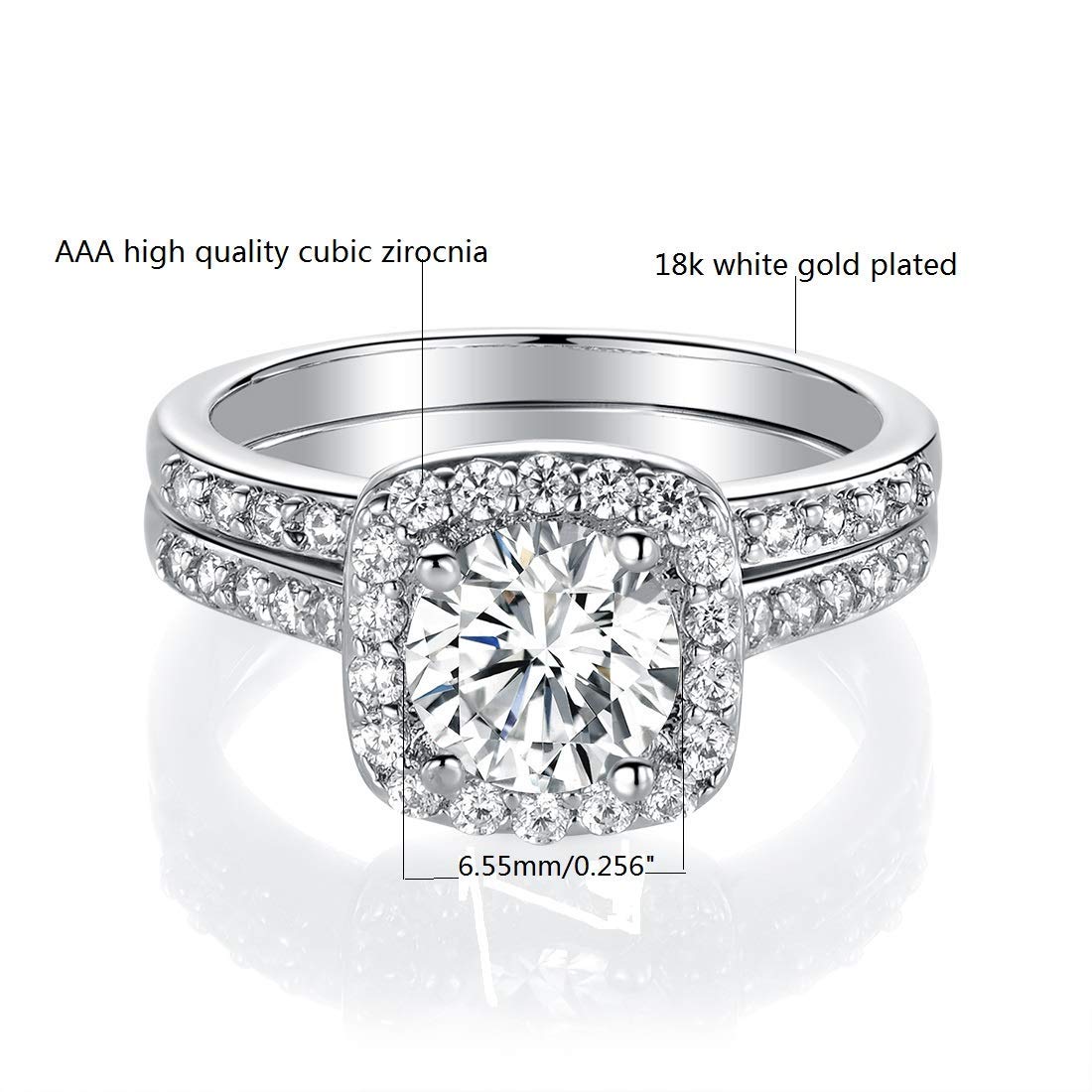MDFUN 18K White Gold Plated Cubic Zirconia Two-In-One Halo Wedding Engagement Promise Eternity Ring for Women Size 7
